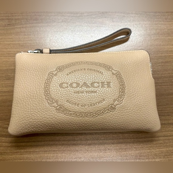 Coach | Bags | Coach Taupe Pebbled Leather Large Corner Zip Wristlet ...